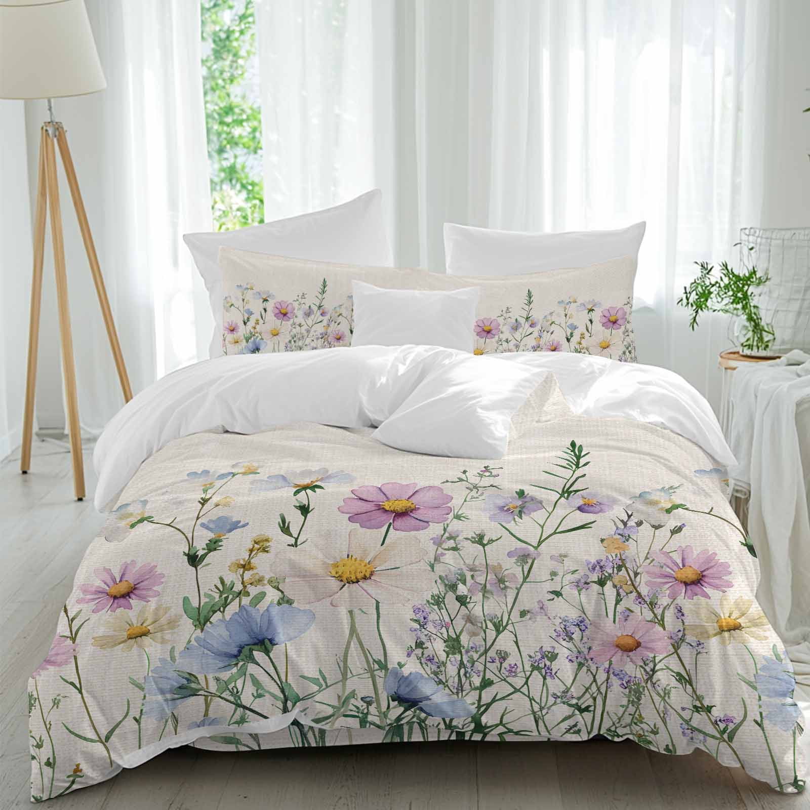 Color Floral Comforter Set Queen Size, Watercolor Wildflowers Leaf ...