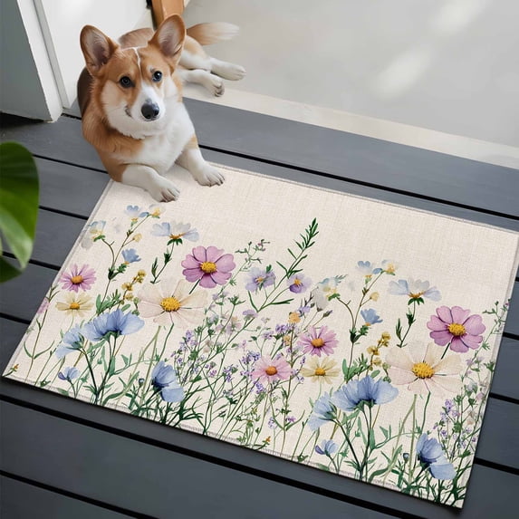 Color Floral Front Door Rugs 2x3 ft Watercolor Wildflowers Leaf Herbs ...