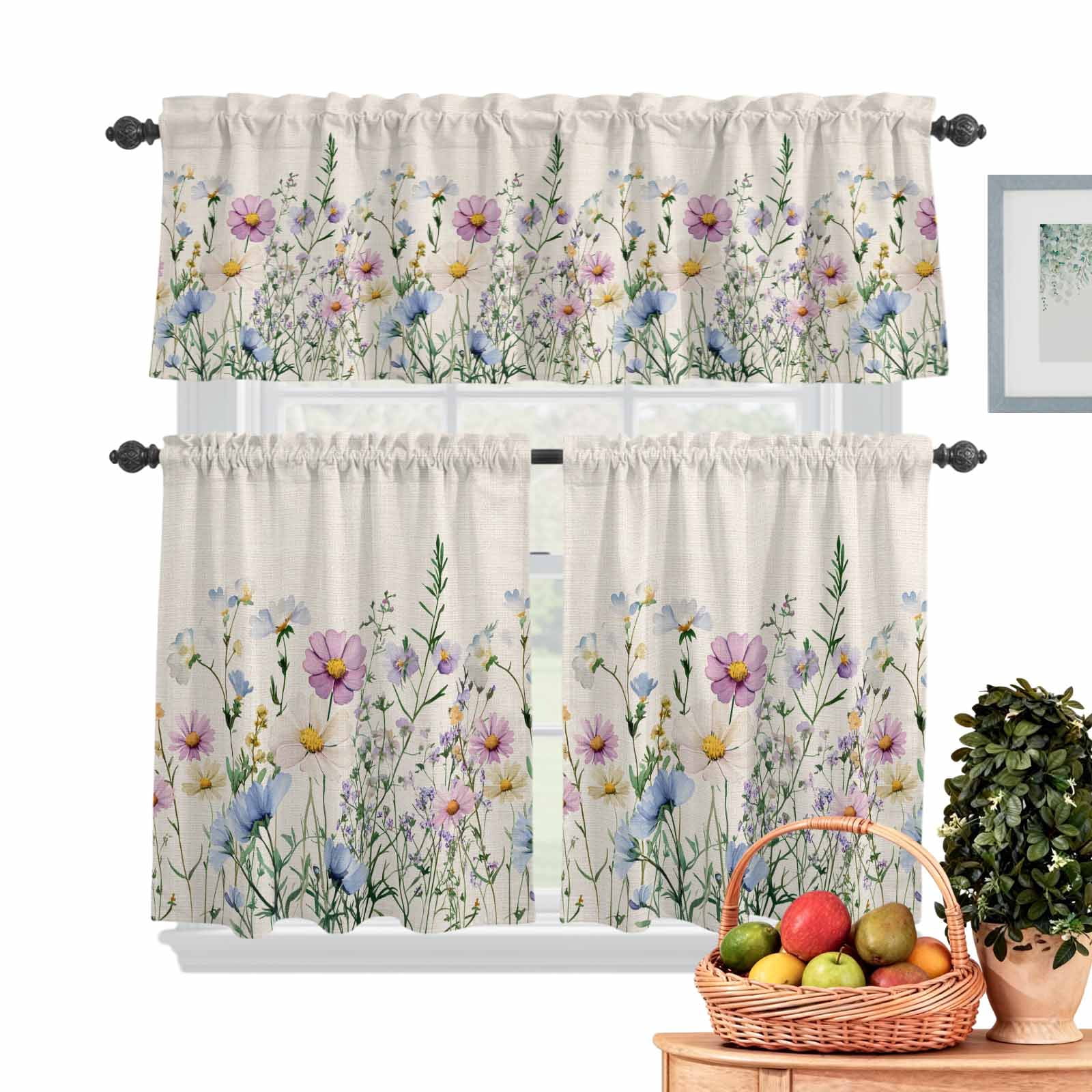 Color Floral Kitchen Curtains Valances 3 Piece Set, Watercolor ...