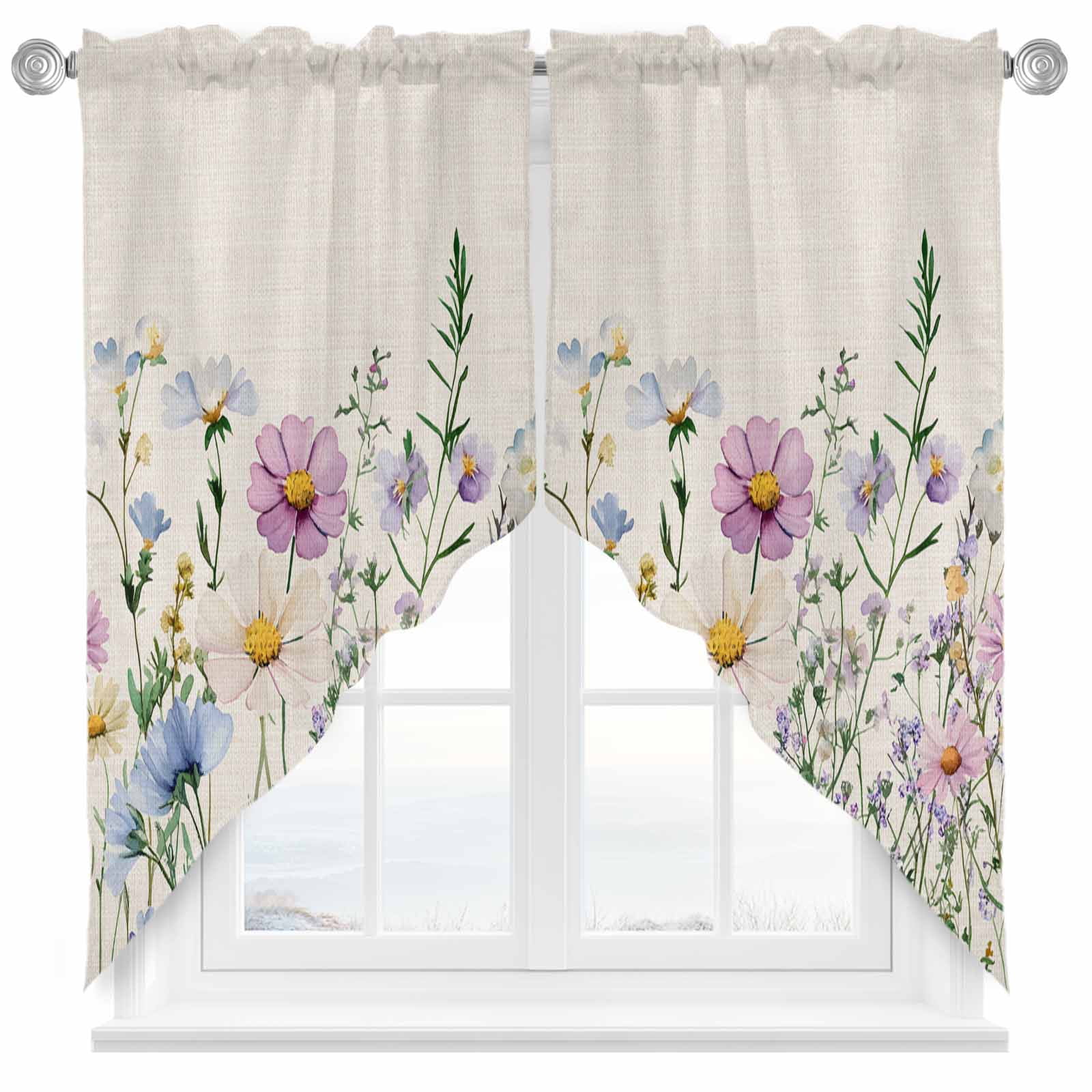 Color Floral Swag Valances for Windows 2 Pack Watercolor Wildflowers ...