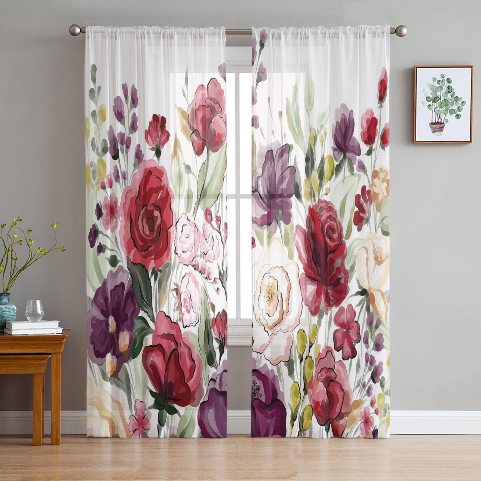 Color Flower Leaf Plant Watercolor Tulle Curtains for Living Room ...