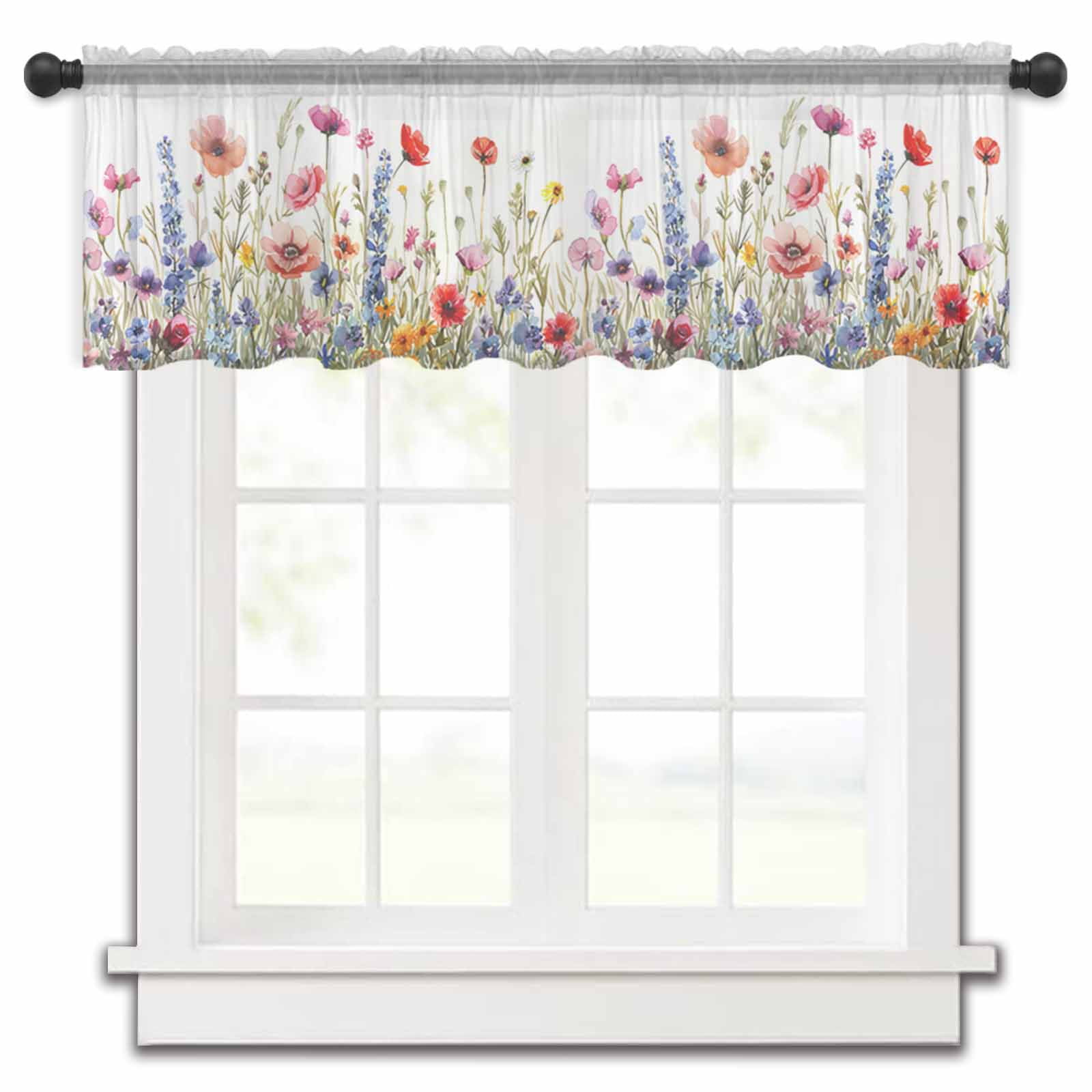 Color Flower Watercolor Plant Kitchen Small Window Curtain Tulle Sheer ...