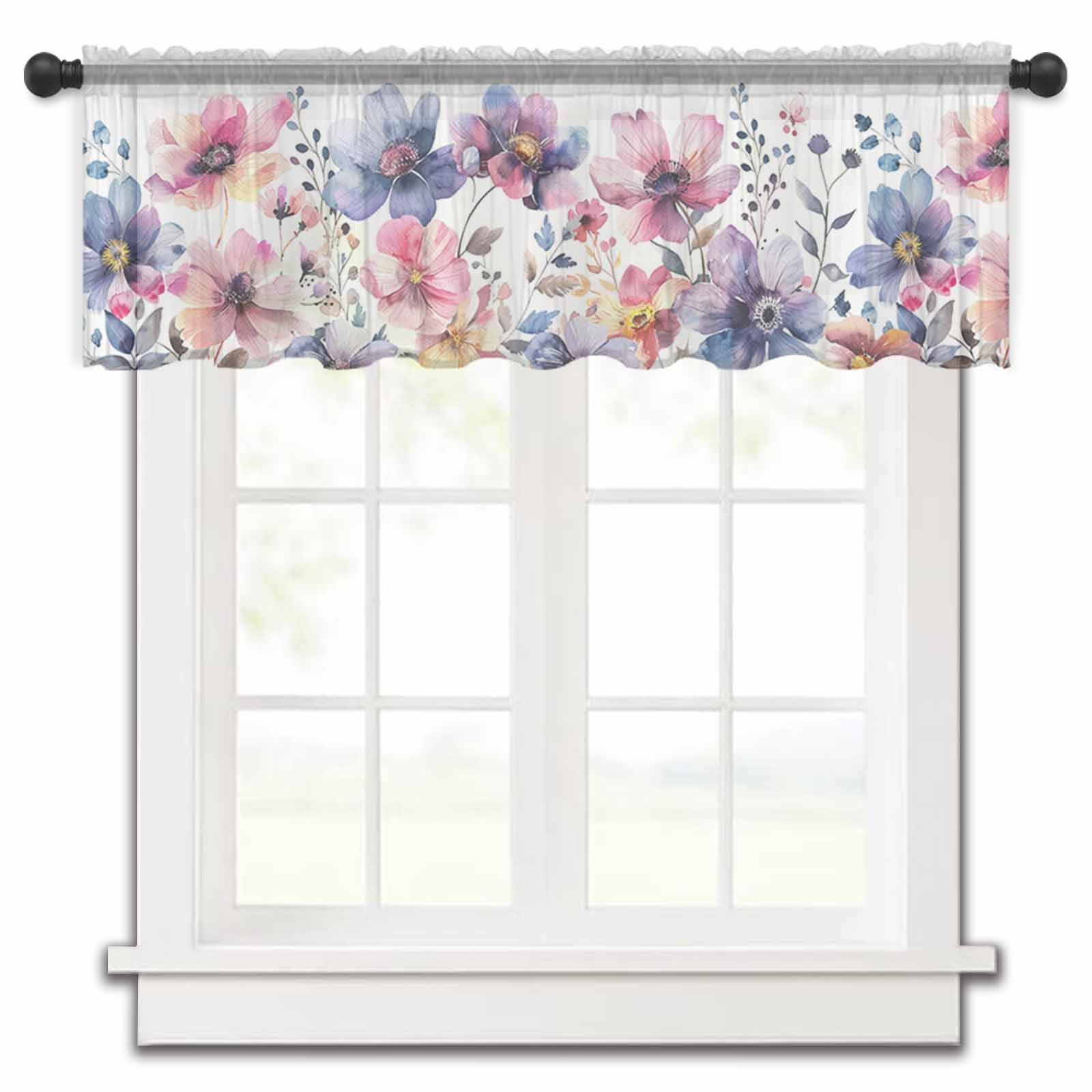 Color Flower Watercolor Plant Kitchen Small Window Curtain Tulle Sheer ...