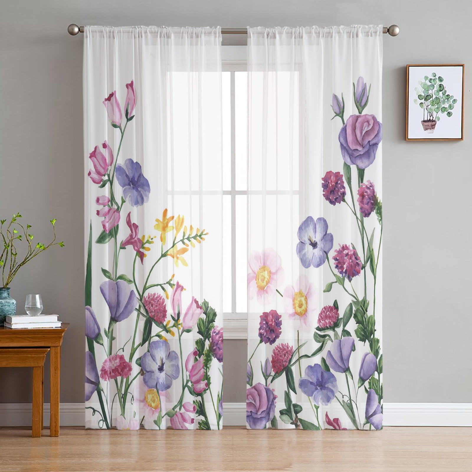 Color Flower Watercolor Plant Sheer Curtains for Living Room ration ...