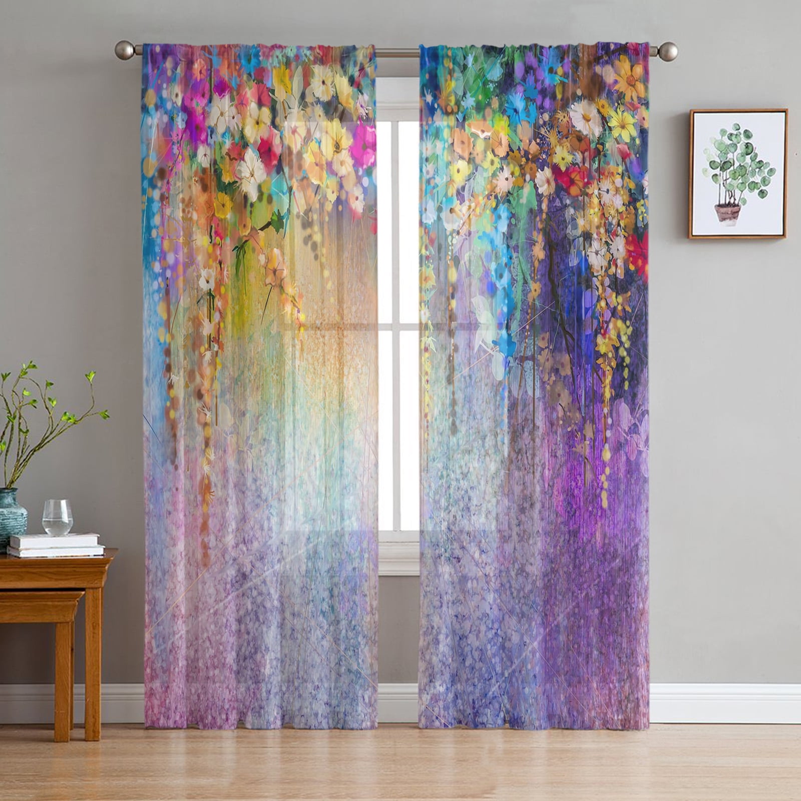 Color Flower Watercolor Sheer Curtains for Living Room ration Window ...