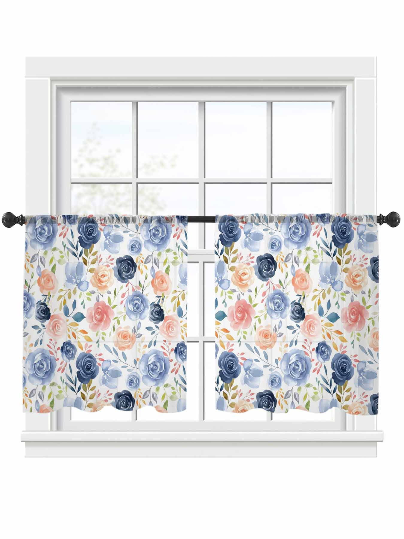 Color Flowers Sheer Curtains 2 Panels Set Pink Blue Flowers Green Leaf ...