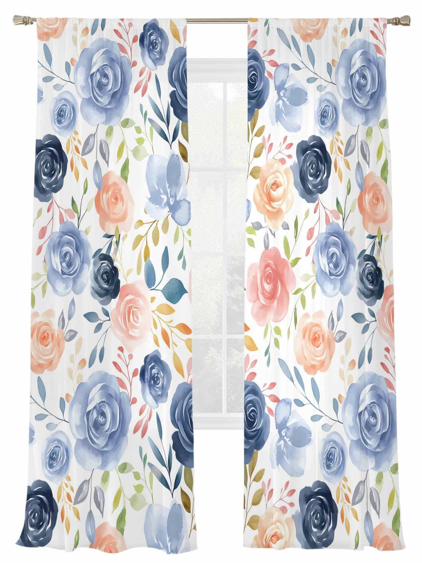 Color Flowers Sheer Curtains 2 Panels Set Pink Blue Flowers Green Leaf ...