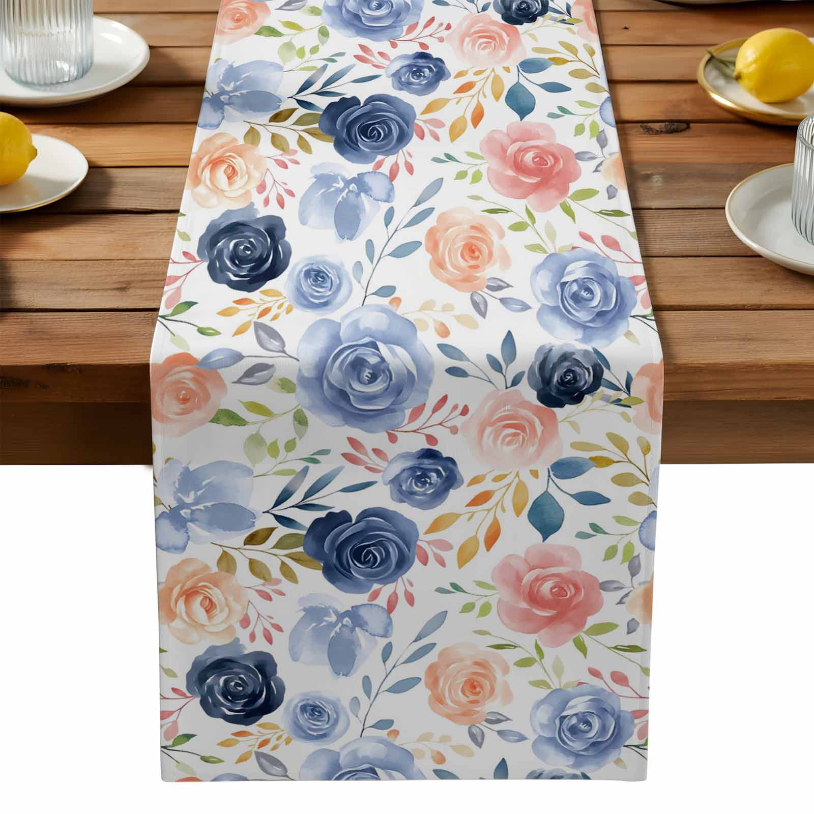 Color Flowers Table Runner, Pink Blue Flowers Green Leaf Decoration ...