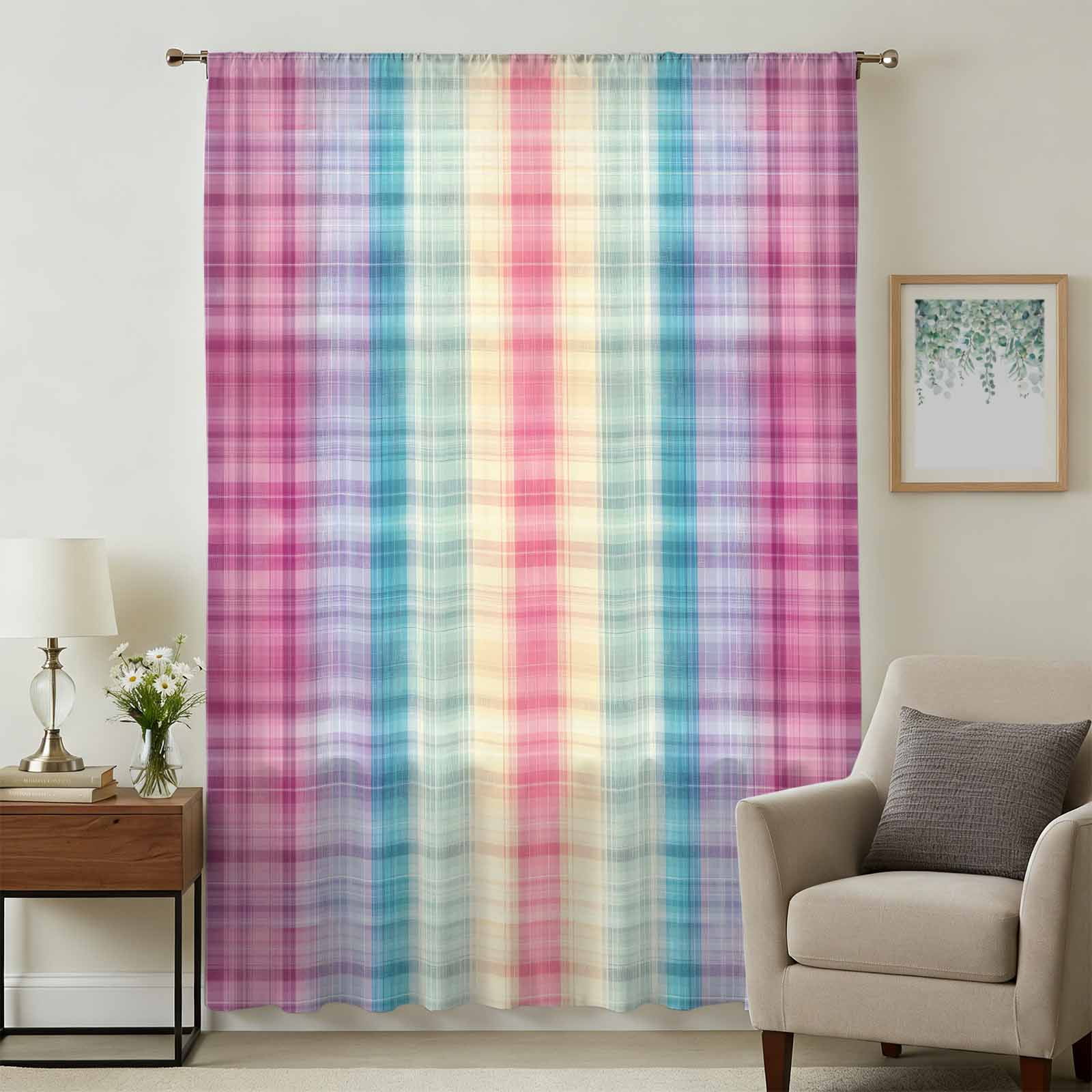 Color Gradient Plaid Sheer Curtains 72 Inches Long, Abstract Modern ...