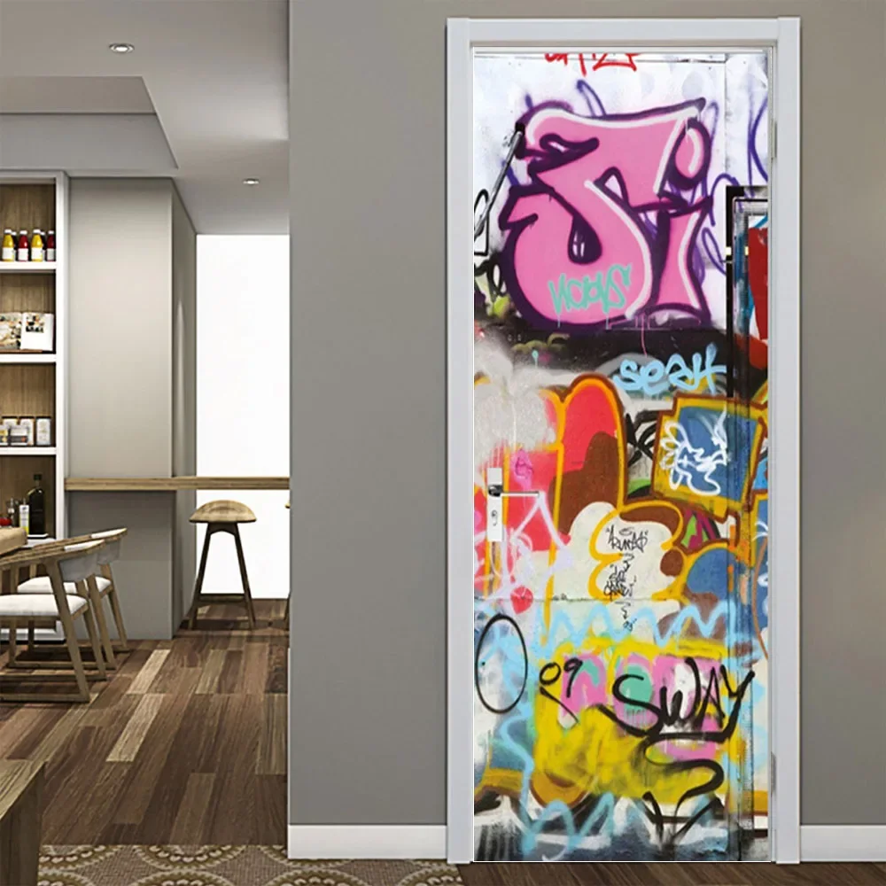 Color Graffiti Door Sticker Hip Hop Hippie Art Self-Adhesive Wallpaper for Youth Boys Bedroom ...