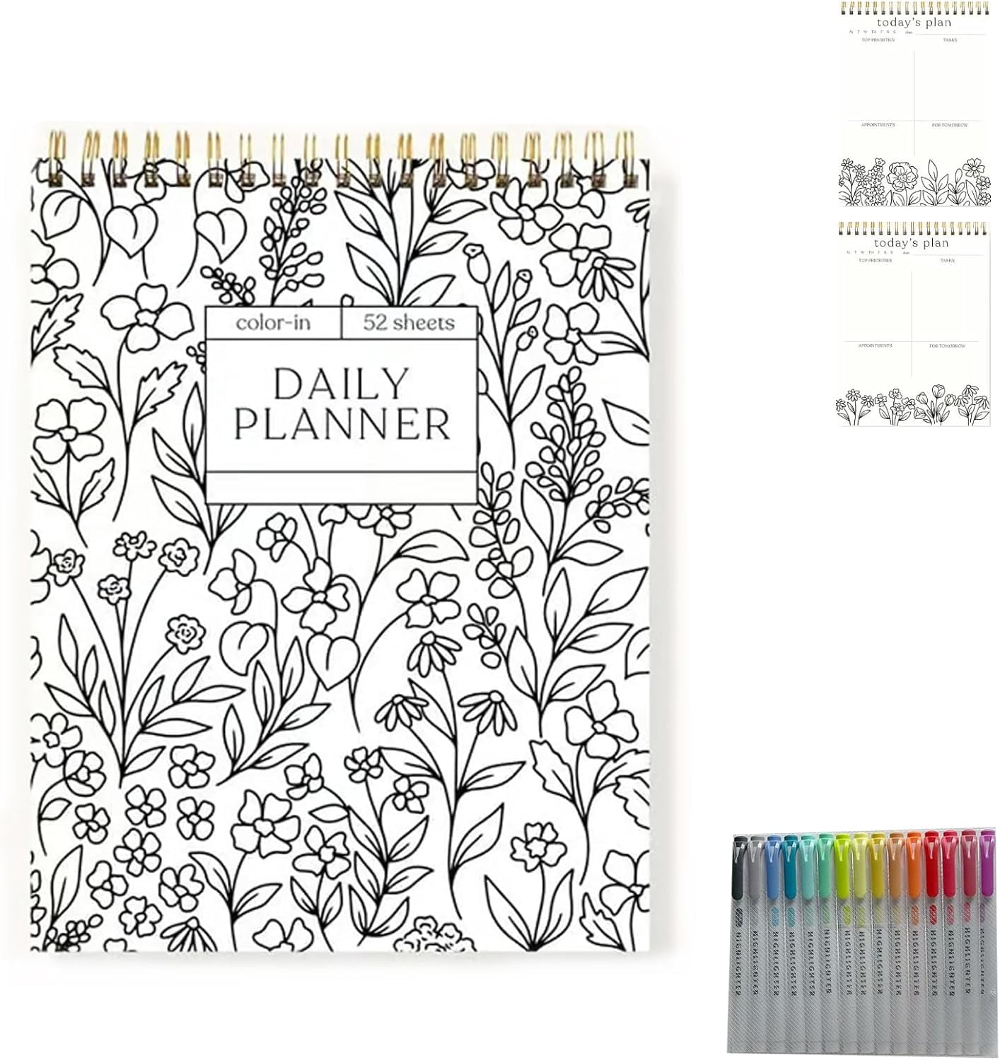 Color-In Spiral Notebook & Daily Planner, 8.5x11" Floral Design Journal ...