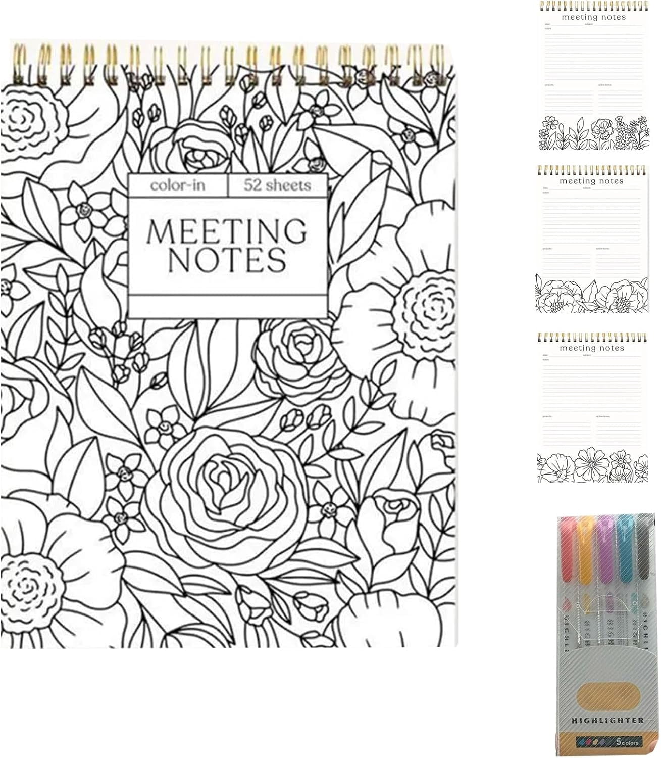 Color-In Spiral Notebook & Daily Planner, 8.5x11" Floral Design Journal ...