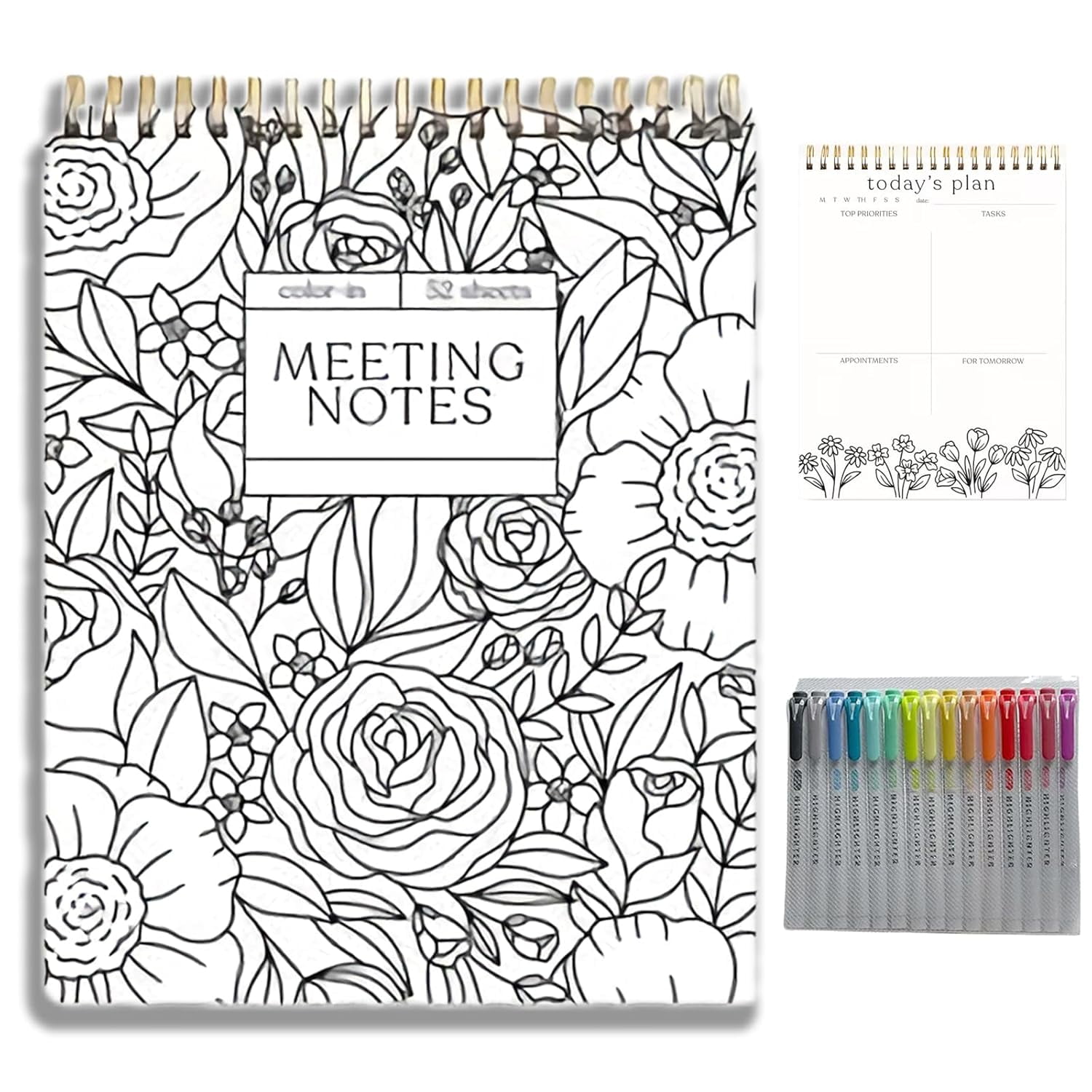 Color-In Spiral Notebook & Daily Planner,8.5x11"Flowers Meeting Notes ...