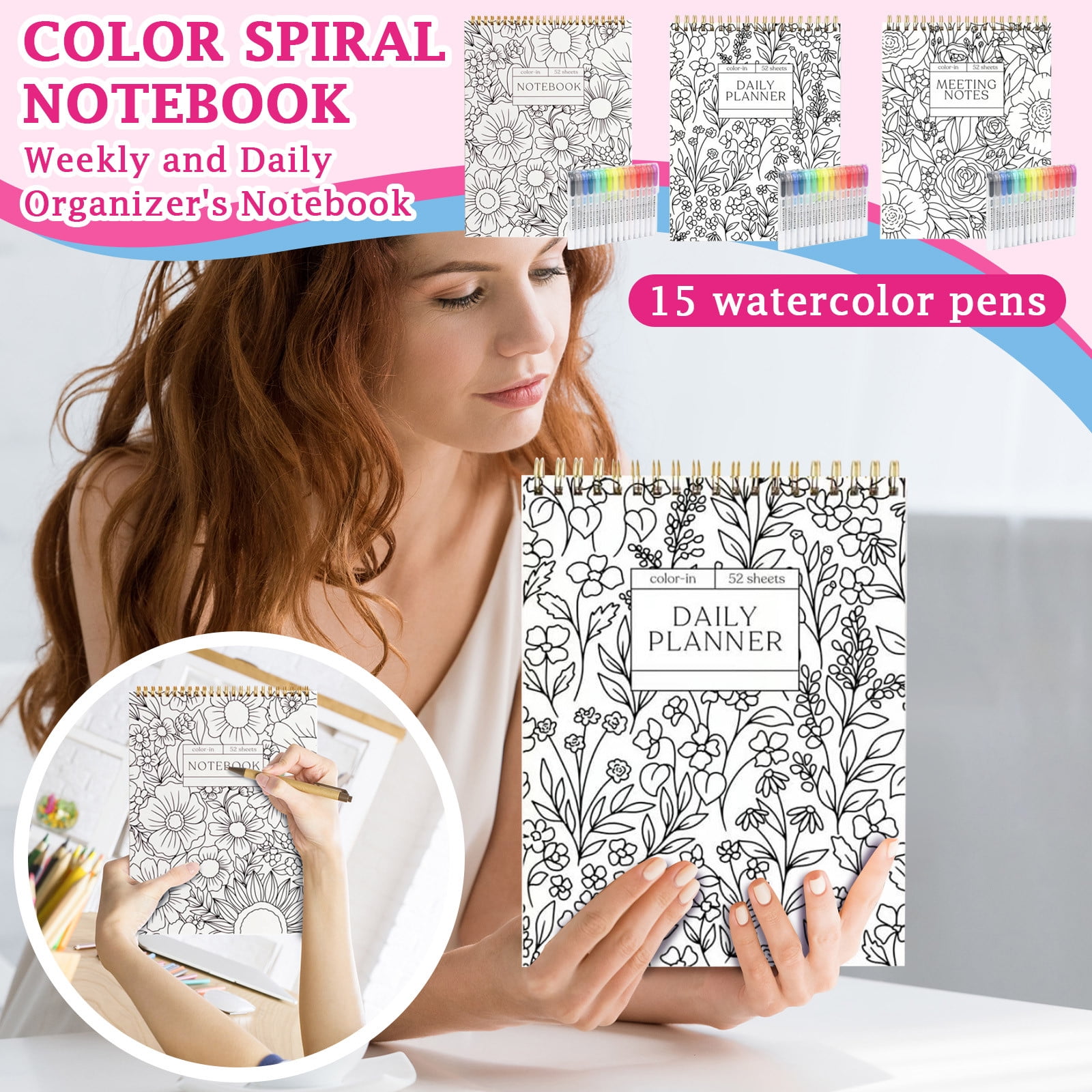Color-In Spiral Notebook & Daily Planner, Flowers Meeting Notes ...