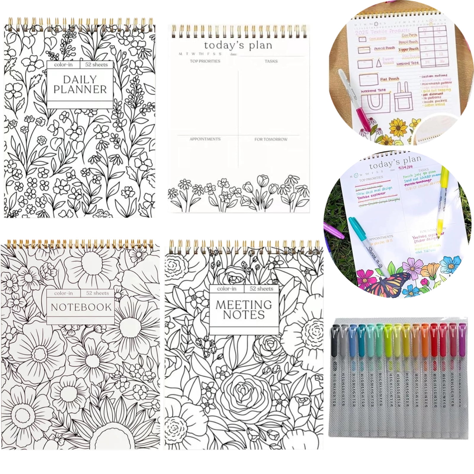 Color-In Spiral Notebook & Daily Planner, Flowers Meeting Notes ...