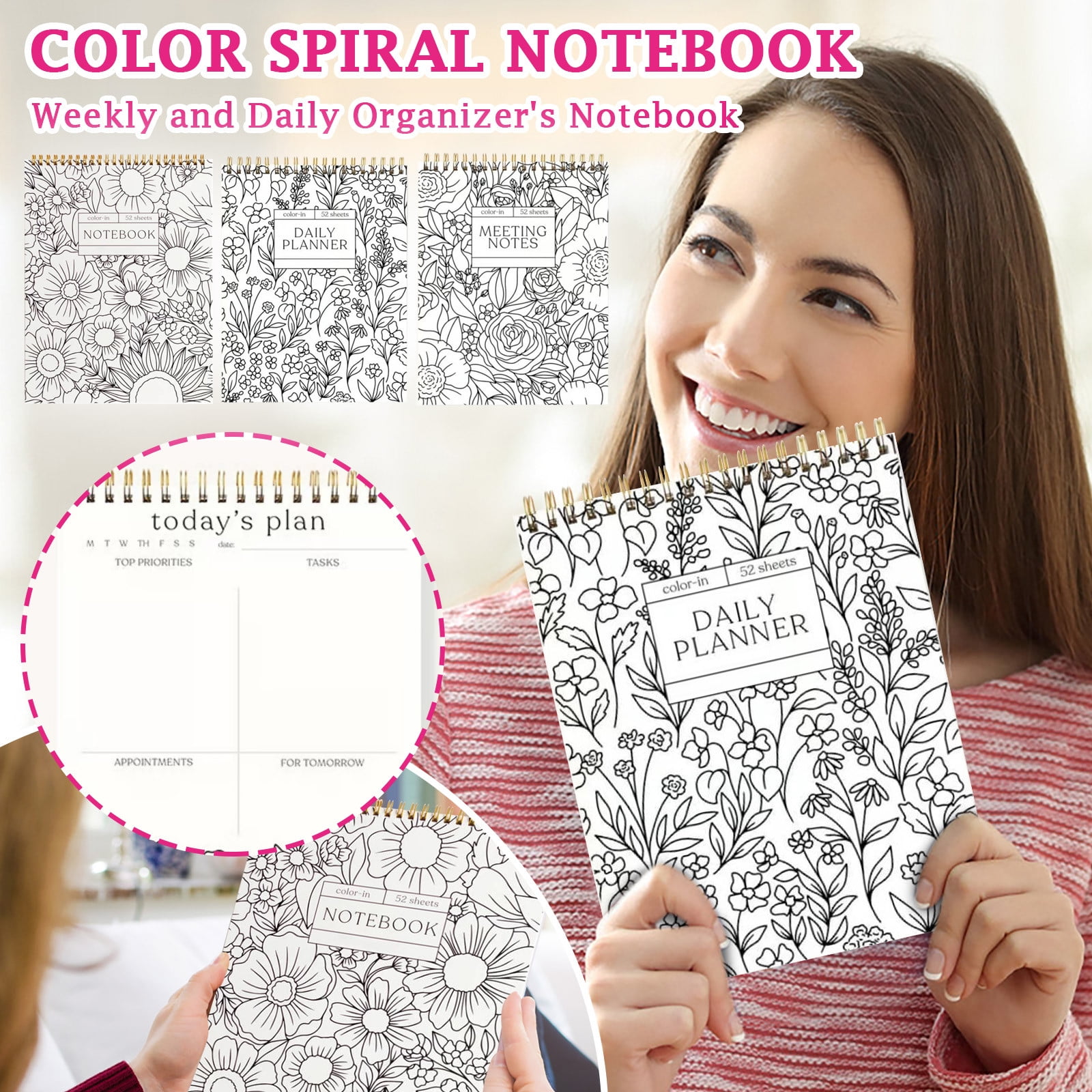 Color-In Spiral Notebook & Daily Planner, Flowers Meeting Notes ...
