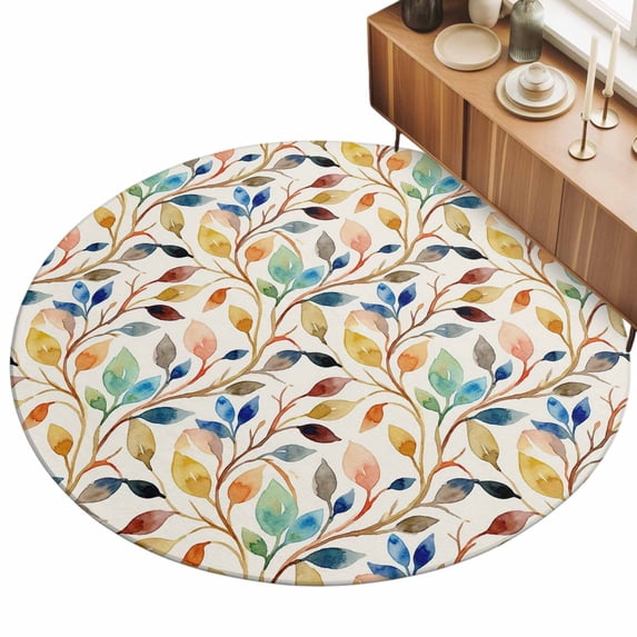 Color Leaves 6ft Non Slip Round Area Rug Vintage Watercolor Leaf Plant ...