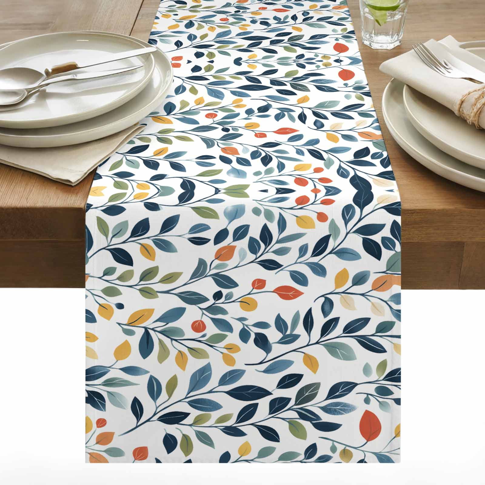 Color Leaves Cotton Linen Table Runner Blue Leaf Branch Farmhouse Plant ...