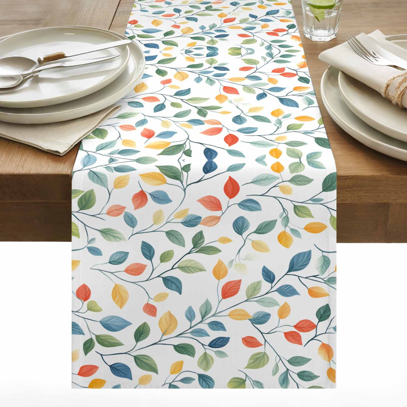 Color Leaves Cotton Linen Table Runner Blue Leaf Branch Farmhouse ...