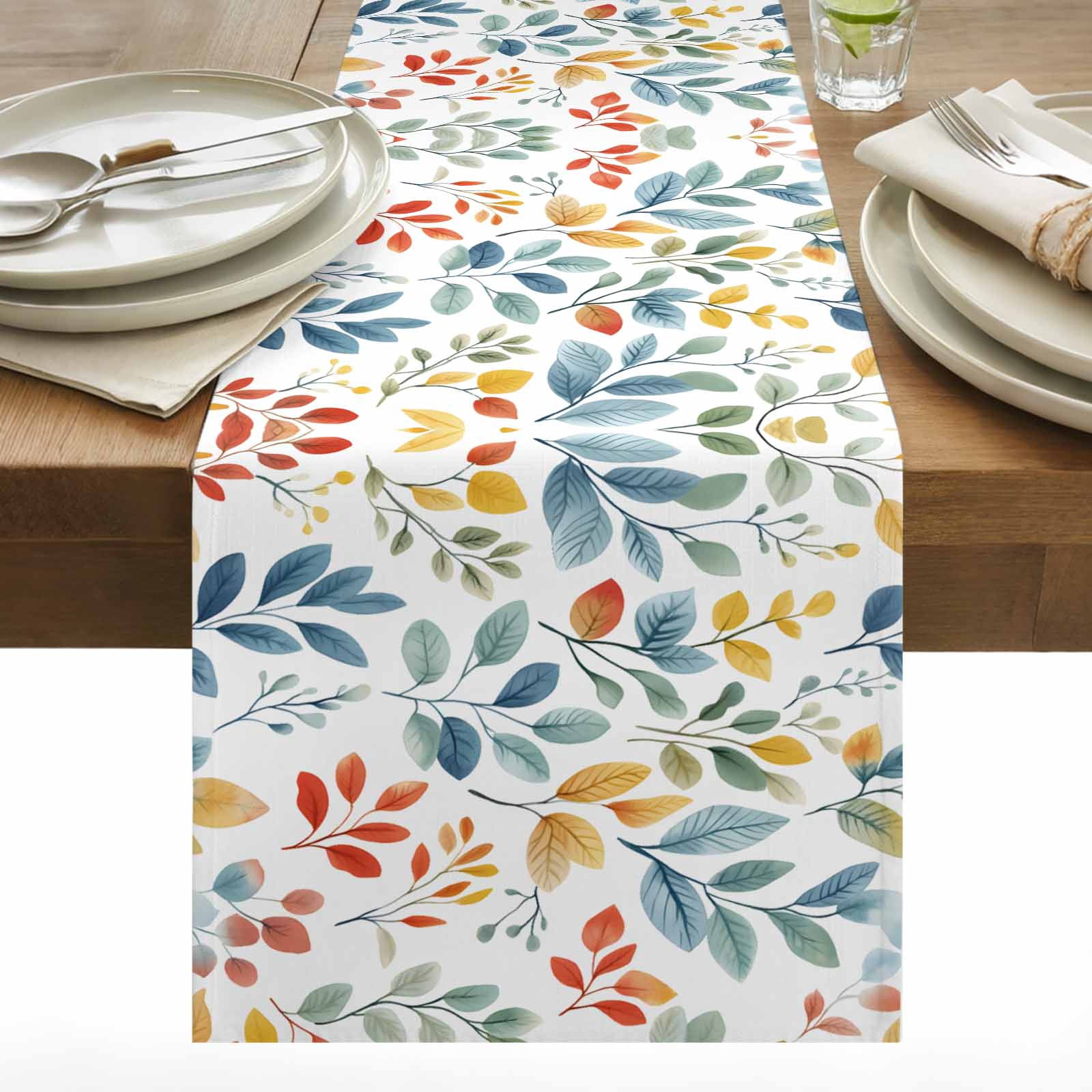 Color Leaves Cotton Linen Table Runner Blue Leaf Branch Pastoral Plant ...