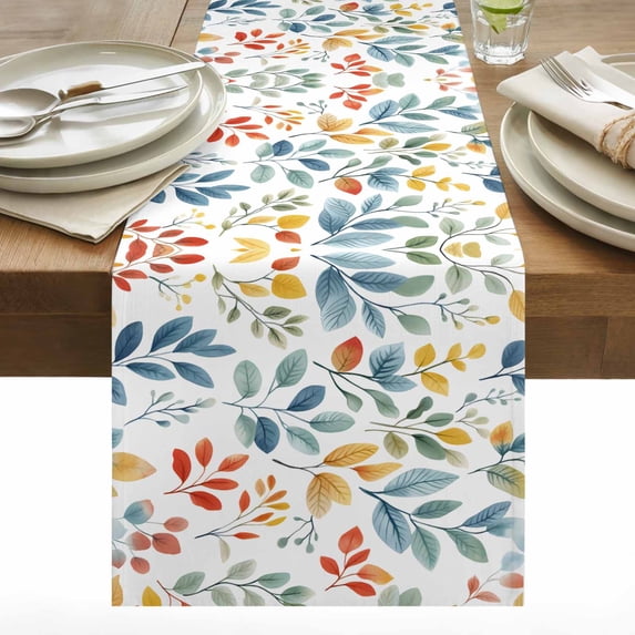 Color Leaves Cotton Linen Table Runner Blue Leaf Branch Pastoral Plant ...