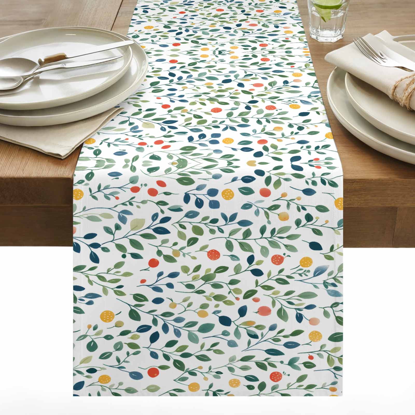 Color Leaves Cotton Linen Table Runner Green Leaf Branch Pastoral Plant ...