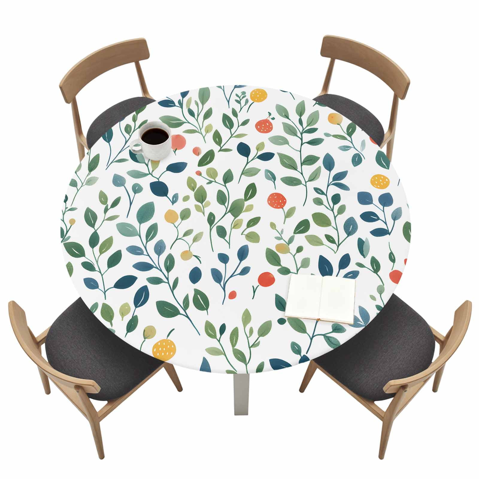 Color Leaves Round Fitted Tablecloth with Elastic Edge Green Leaf ...