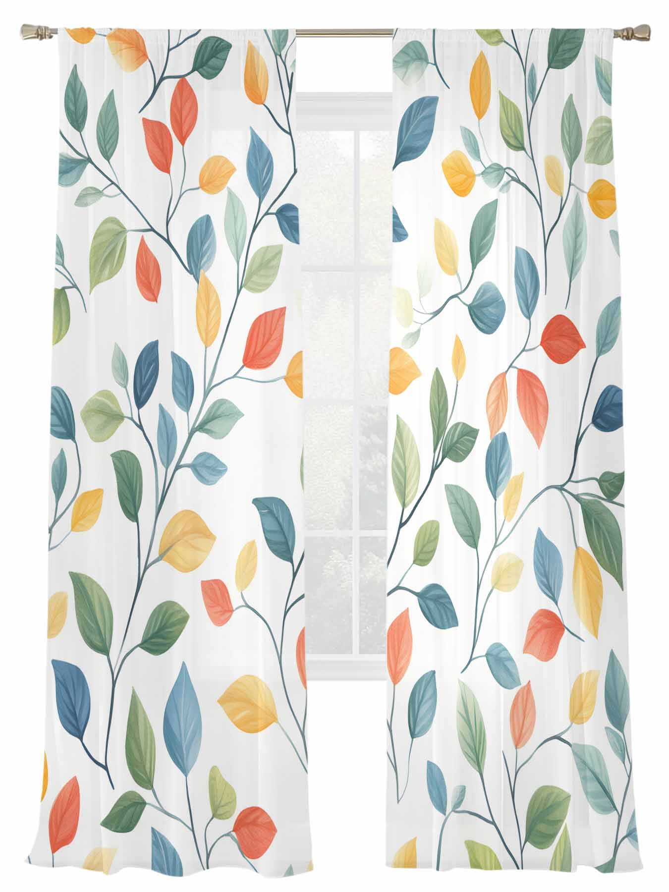Color Leaves Sheer Curtains 2 Panels Set Blue Leaf Branch Farmhouse ...