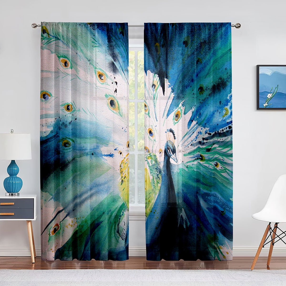 Color Peacock Oil Painting Sheer Voile Curtains for Living Room Bedroom ...