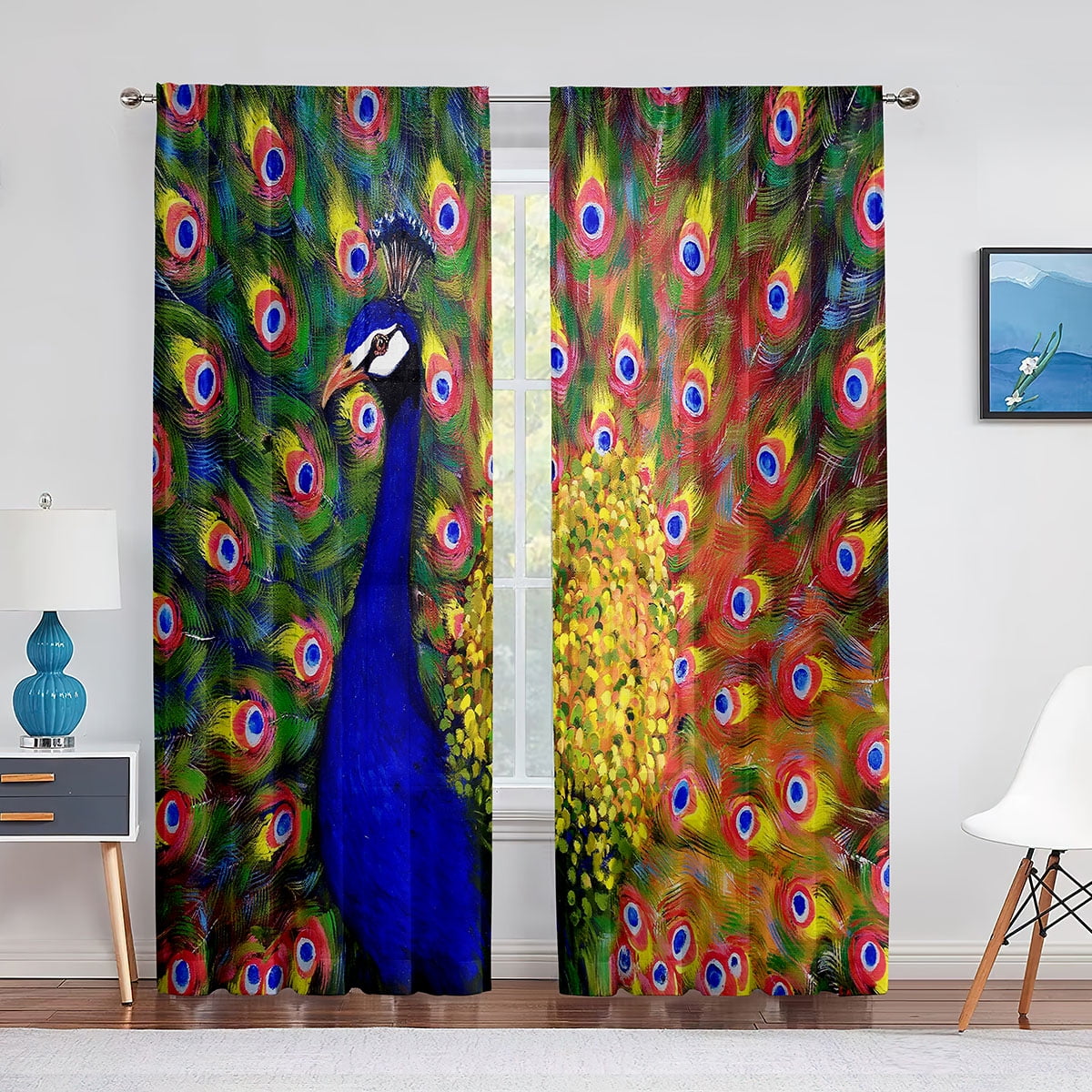 Color Peacock Oil Painting Sheer Voile Curtains for Living Room Bedroom ...