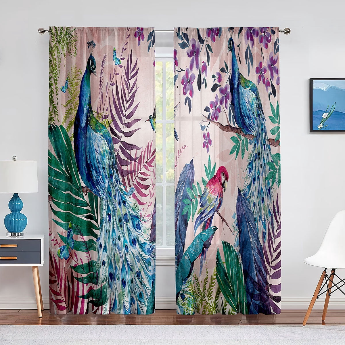 Color Peacock Oil Painting Sheer Voile Curtains for Living Room Bedroom ...