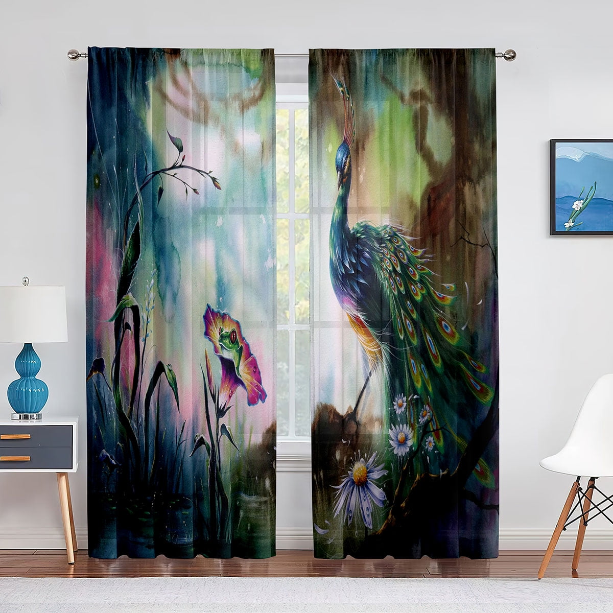 Color Peacock Oil Painting Sheer Voile Curtains for Living Room Bedroom ...