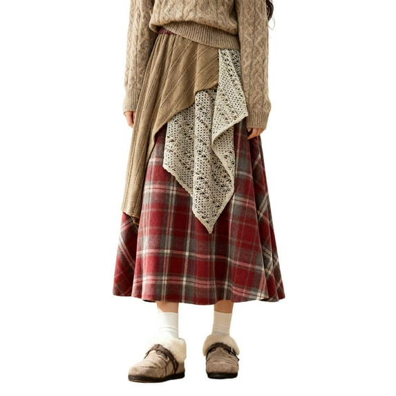 Color Plaid Midi Skirt For High Waist Elastic Waistband A Line Pleated ...