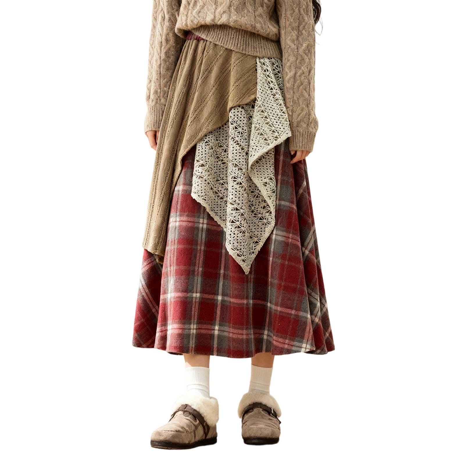 Color Plaid Midi Skirt, High Waist Elastic Waistband, A Line Pleated ...