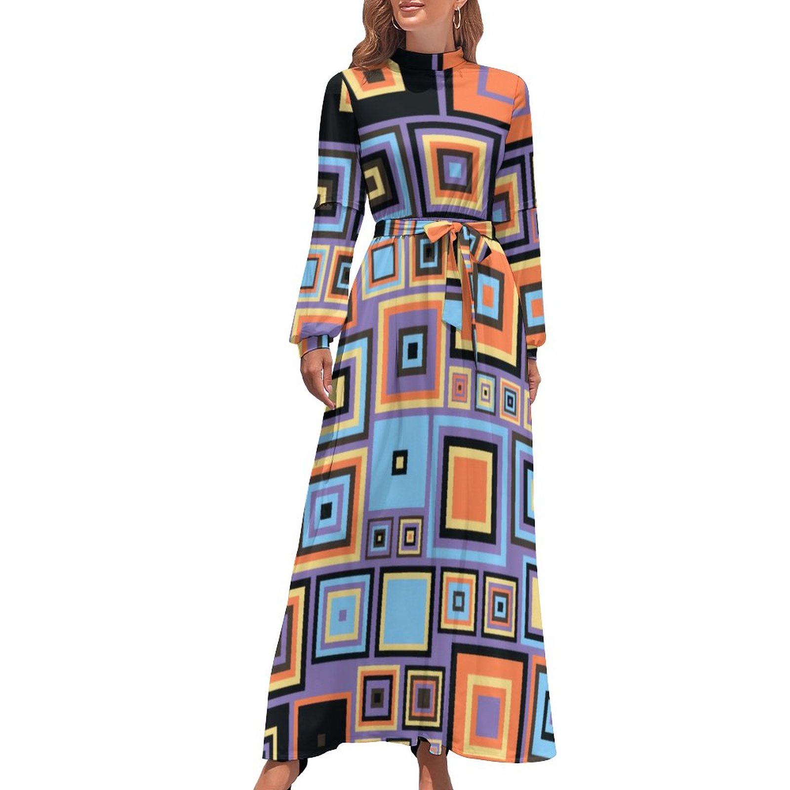 Color Retro 60s Dress High Waist Flower Power Squares Print Boho Beach ...