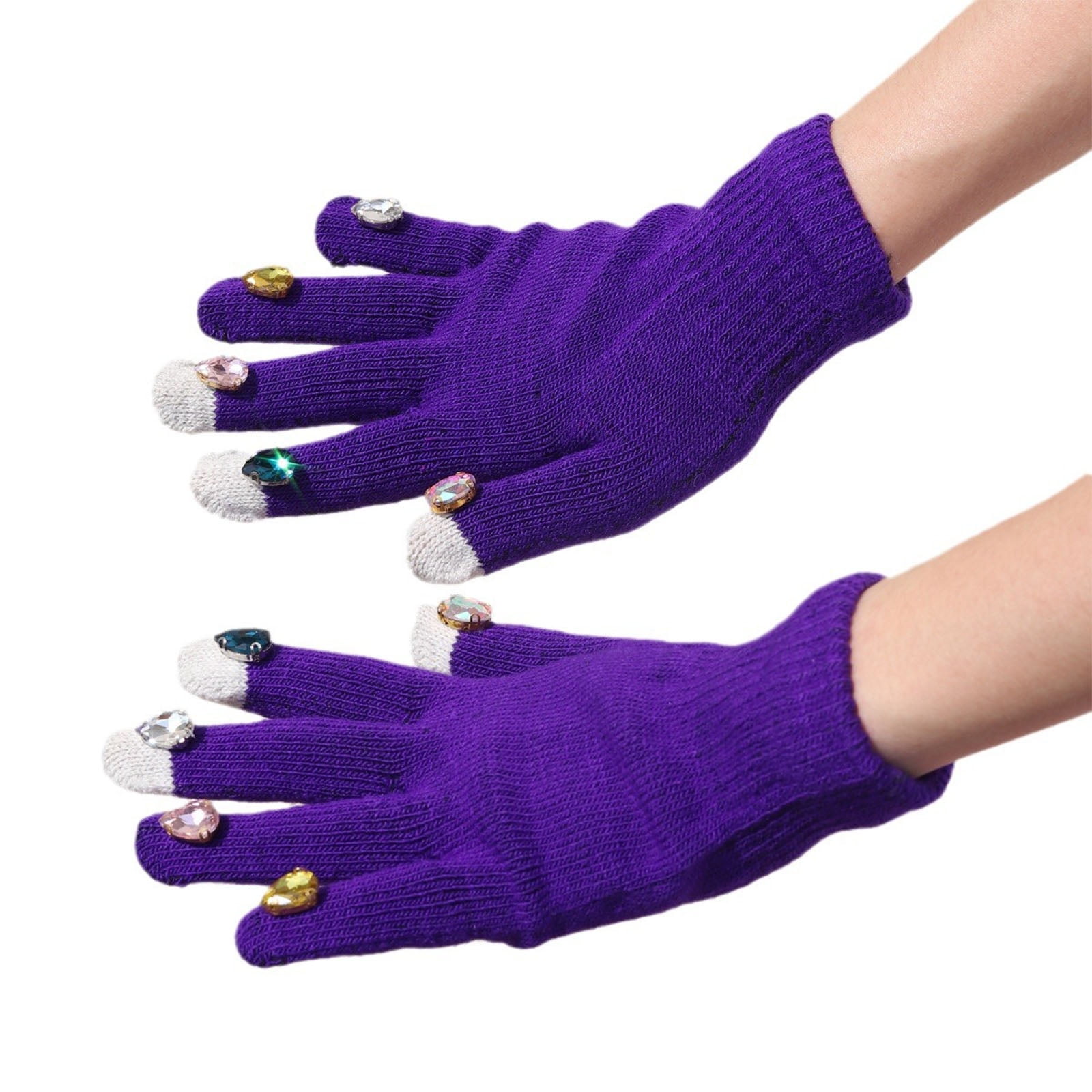 Color Rhinestone Knitted Gloves Winter Full Finger Mittens Stretchy ...