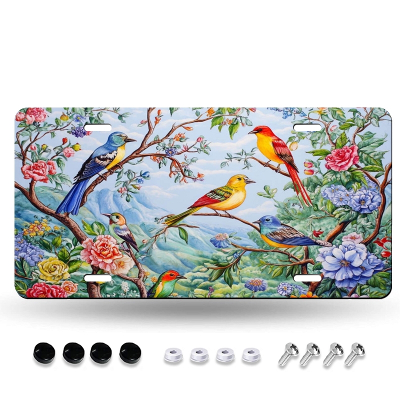 Color - Rich Bird and Flower Mural - Style Art License Plate Frame ...