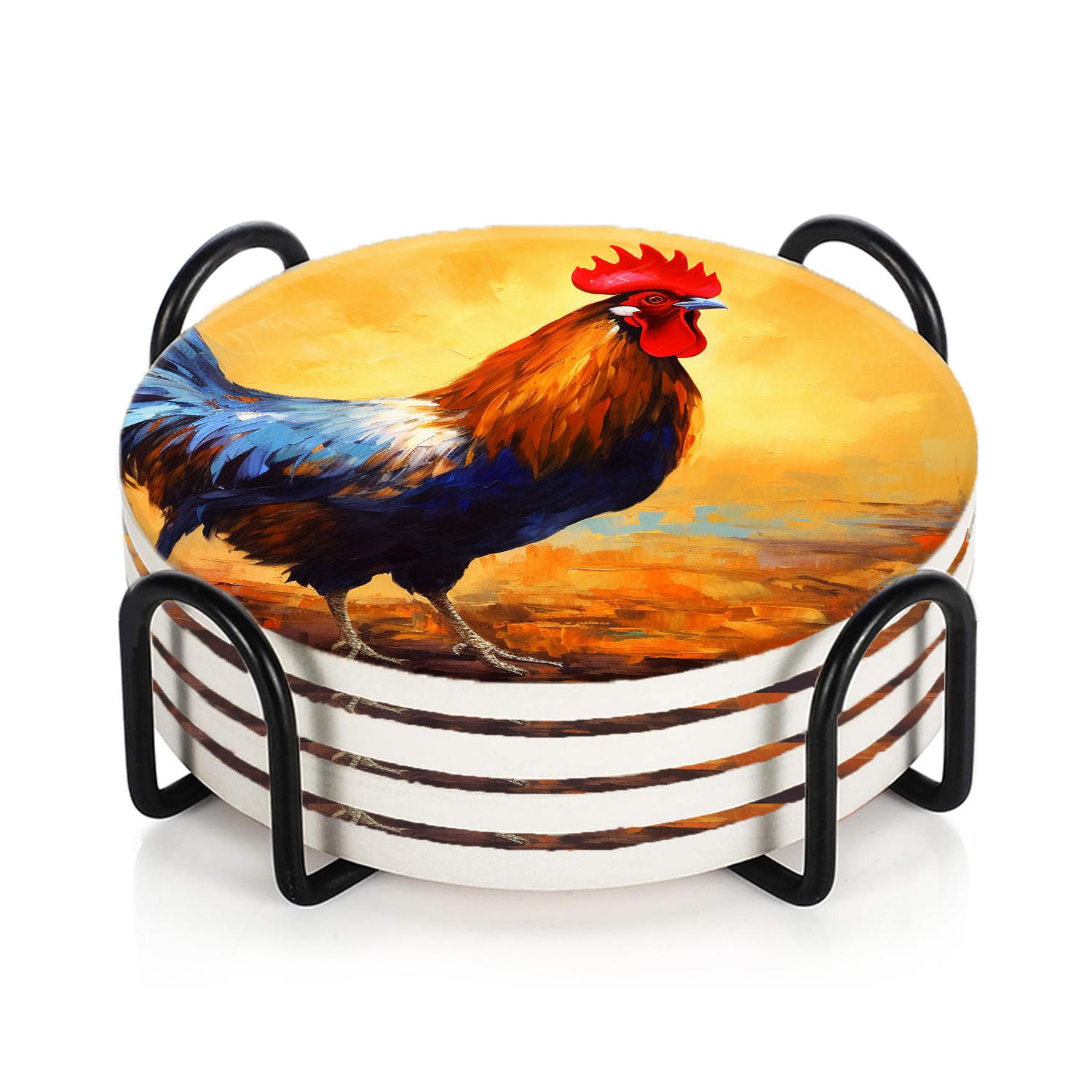 Color Rooster Oil Painting Cute Drink Coasters with Holder,Non-Slip ...