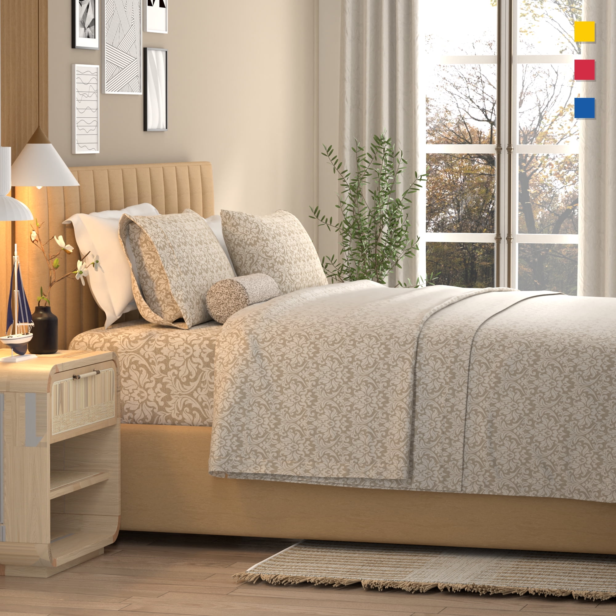 Color Sense 100% Cotton Percale Full Sheet Set, Addison Damask Print ...