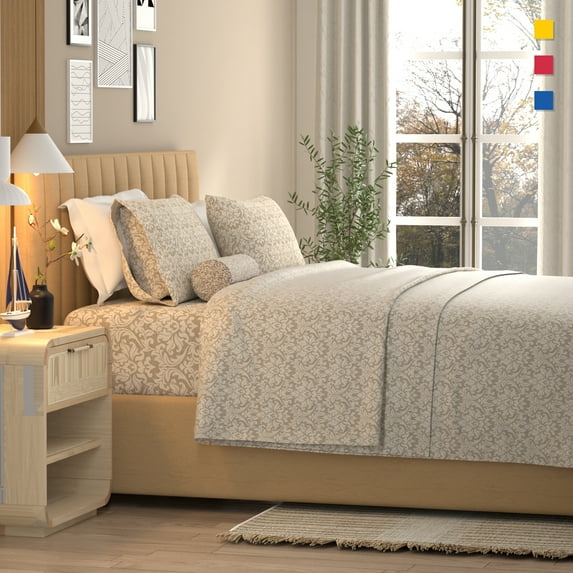 Color Sense 100% Cotton Percale Full Sheet Set, Addison Damask Print ...