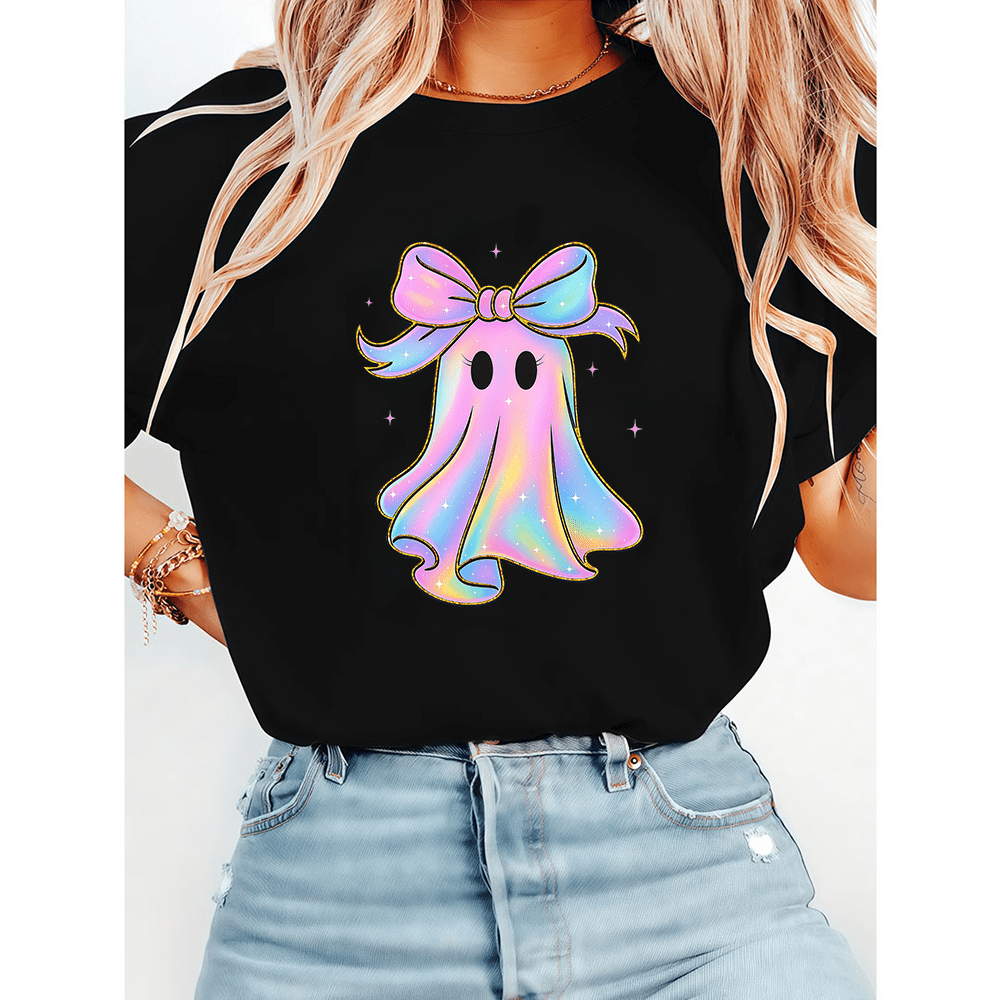 Color Shift Ghost T-Shirt - Women's Halloween Ombre Graphic Tee, Pink Ribbon Star Print Casual ...