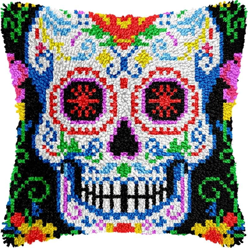Color Skull Latch Hook Pillow Kits Pillow Cover Pattern Printed Canvas ...