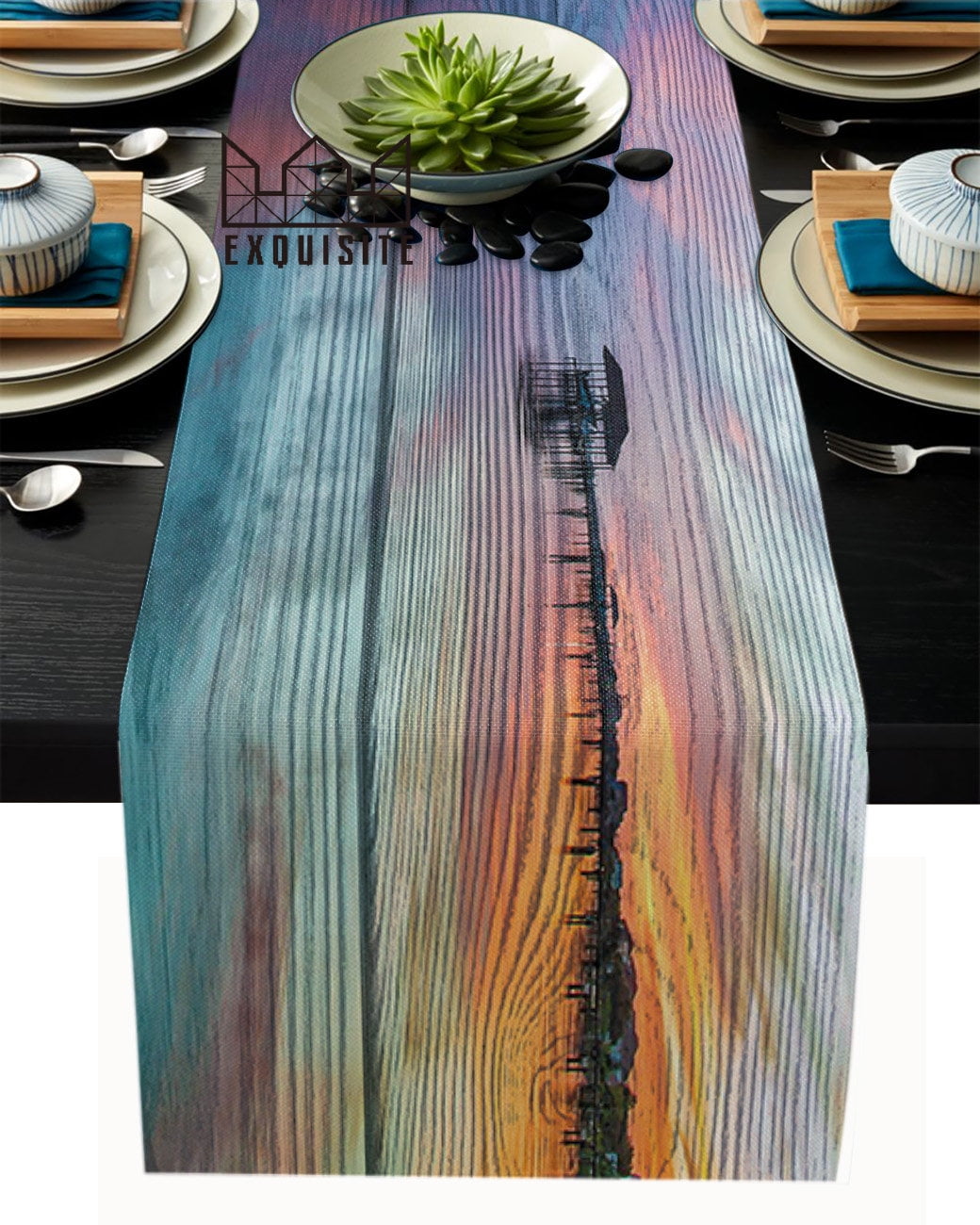 Color Sky Retro Wood Texture Table Runner ration Home r Dinner Table ...