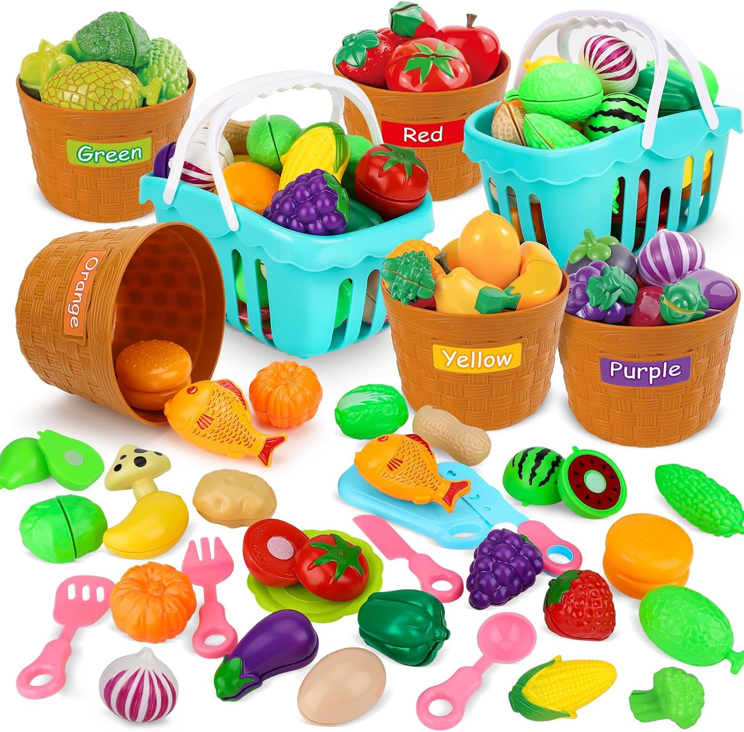 Color Sorting Play Food Set for Kids – Cutting Fruits & Vegetables with ...