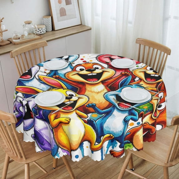 Color Splash Cartoon Bunny Squirrel Crew Round Tablecloth Waterproof ...