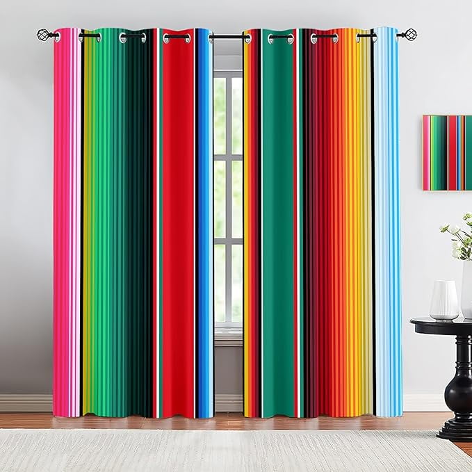 Color Striped Blackout Curtain, Red Yellow And Blue 3D Printed Drapes ...