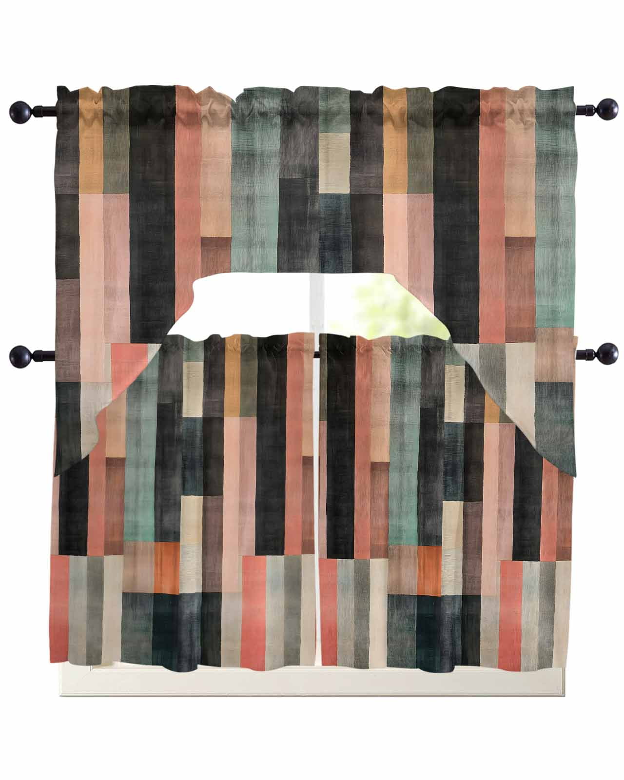 Color Striped Kitchen Curtains Sets 24 Inch Length with Valance, Modern ...