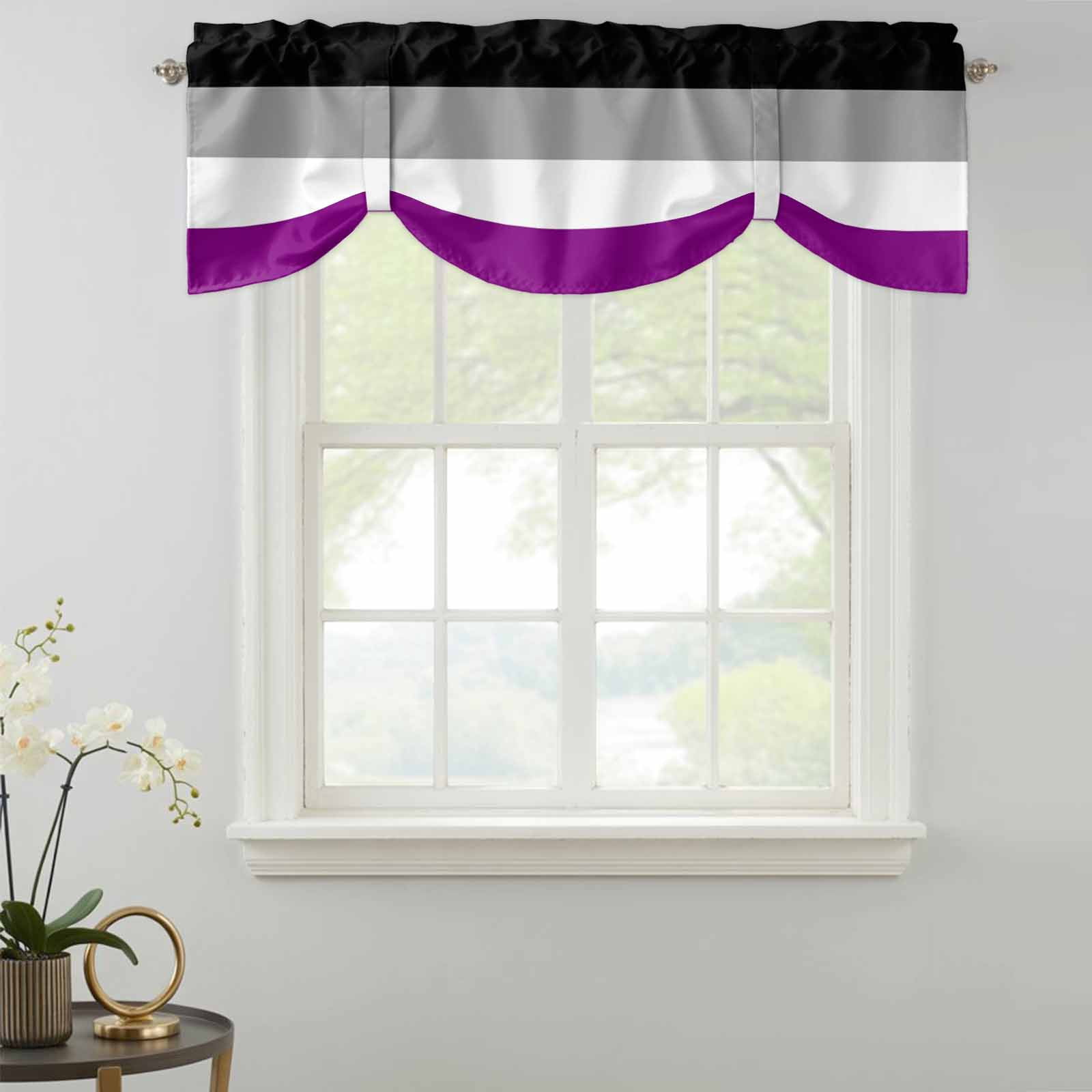 Color Stripes Tie Up Valances Curtain, Black Gray White Purple Striped ...