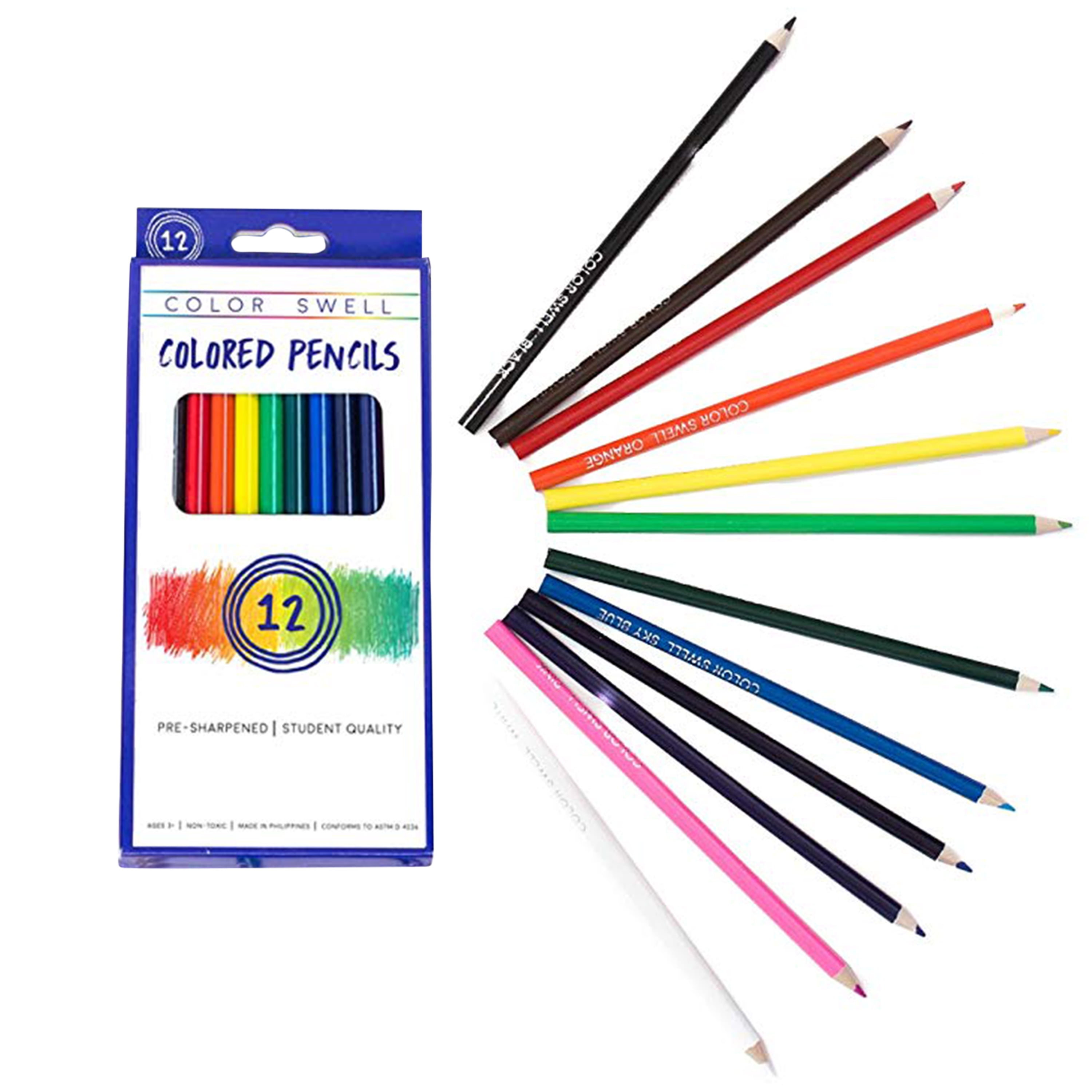 Color Swell Colored Pencil Pack 12 Count Assorted Vibrant Pre-Sharpened ...