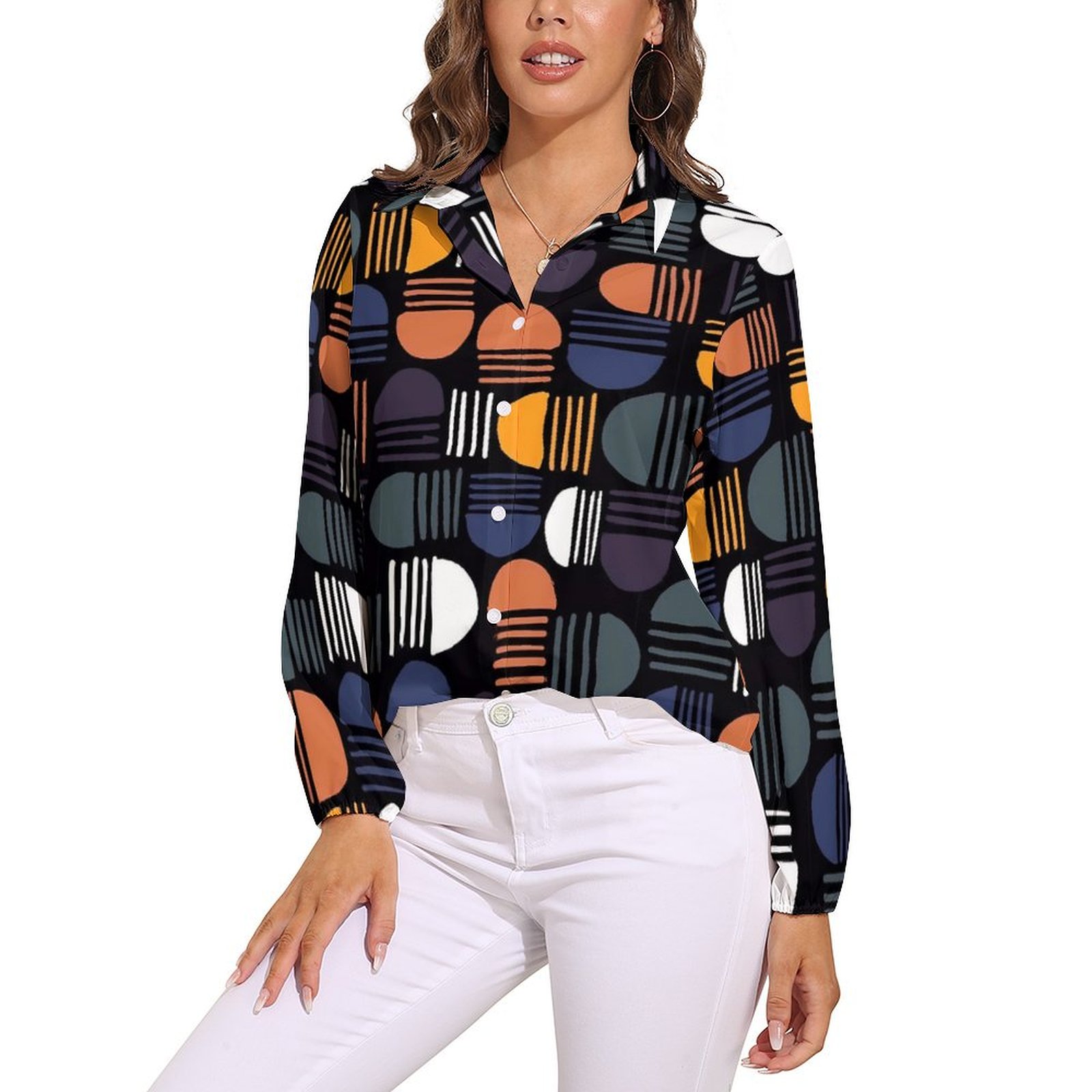 Color Vintage Geometric Blouse Abstract Art Office Design Blouses Women ...